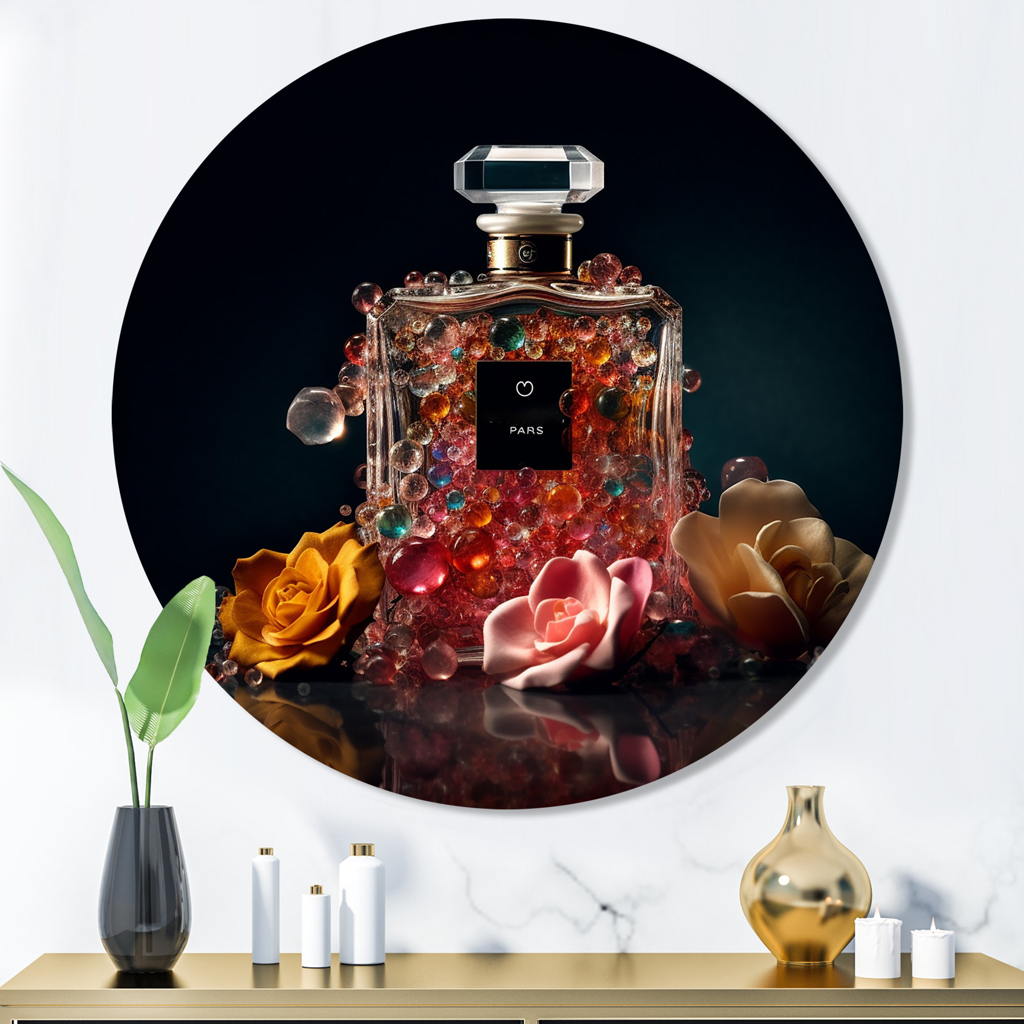 House of Hampton® Pink Perfume Scented Elegance III - Fashion Perfume Round Metal Wall Art | Wayfair